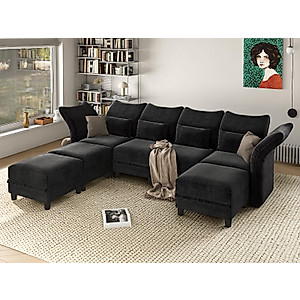 LLappuil Black Sectional Couch U Shaped 7 Seats, Chenille Sectionals Sofa Large Modular Sectional Sofa for Living Room with Reversible Chaise, Storage Seat, Deep Cushion