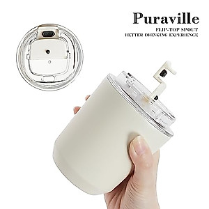 Puraville Insulated Tumblers with Lid, 10 oz Travel Coffee Mug Stainless Steel Vacuum Thermos Cup, Leak Proof Reusable Double Walled Coffee Tumbler for Iced and Hot Drinks,Cream