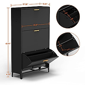 LKTART 3-Drawer All-Steel Shoe Cabinet, Independent Shoe Rack with Flip Door can be Hung and can be Floor Modern Storage Manager Suitable for Entrance Corridor and Bedroom.(Black)