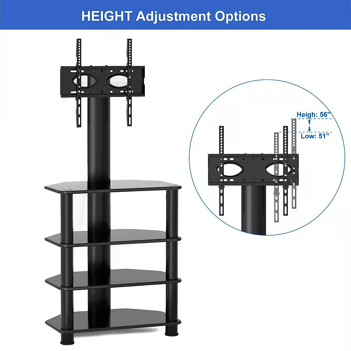 YOMT Floor TV Stand with 4 Tier Media Stand Audio Video Rack Tower for Entertainment Stereo Component, Tall TV Stand with Swivel Mount for 32-70 inch TV, Perfect for Corner and Small Spaces