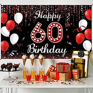 60th Birthday Decoration Banner Backdrop, Happy 60th Birthday Decorations for Women, Red Black White 60 Years Old Birthday Party Photo Booth Props, 60 Birthday Sign for Outdoor Indoor, Fabric Vicycaty