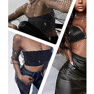 Yokawe Black Fishnet Rhinestone Crop Top, Long Sleeve Mesh Glitter Party Festival Top for Women & Girls