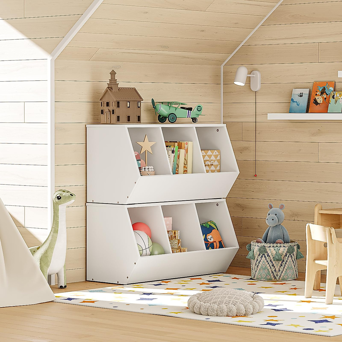 HOOBRO Toy Storage Cubby, Kids Bookshelf, Stackable 3-Bin Toy Storage Cabinet, Bookcase Footboard, Children's Toy Shelf, Hallway, White WT30CW01