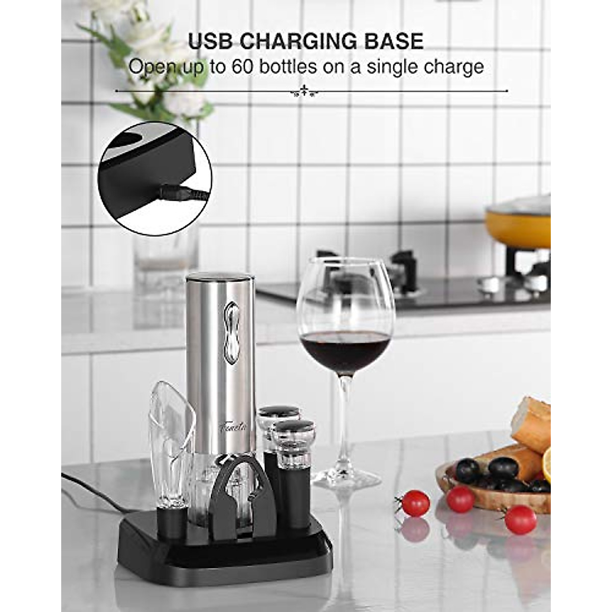 Foneta Electric Wine Opener Rechargeable Wine Bottle Opener with Charging Base, Wine Aerator Pourer, Foil Cutter, Wine Stoppers - Glamour Series