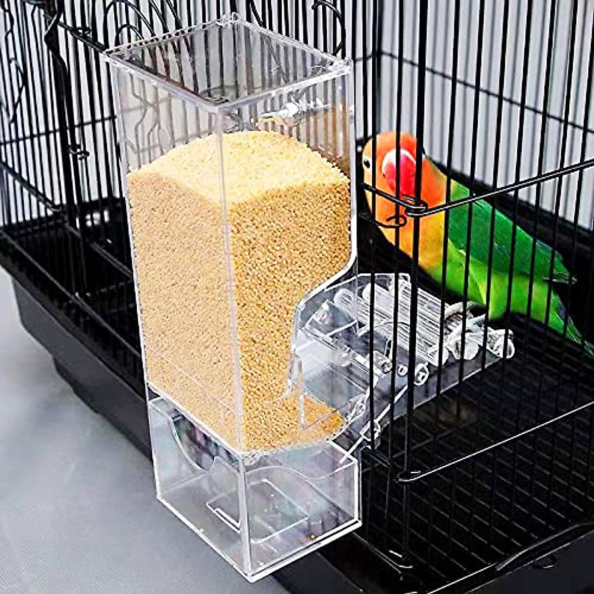 Automatic Bird Seed Feeder with Perch, Acrylic Transparent Parrot Foraging Feeders Cage Accessories for Small and Medium Parrots Parakeets Cockatiels Lovebirds
