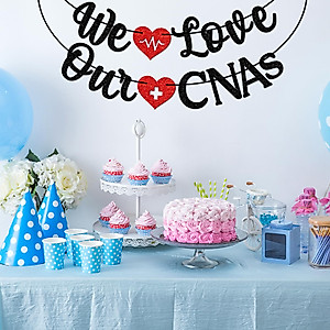 Firefairy We Love Our CNAs Banner, CNA Appreciation Banner, Happy CNA Week Party Decor, Thank You CNAs Party Decor, Nursing Assistant Week Banner, Black and Red Glitter