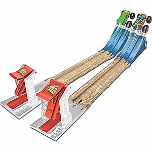 Hot Wheels Monster Trucks Double Destruction 3-in-1 Play Set with 1 1:64 Scale die-cast Metal Body Monster Truck, 1 Plastic Crash Dummy 2 Slam Launchers with Short Straight Tracks & Ramps