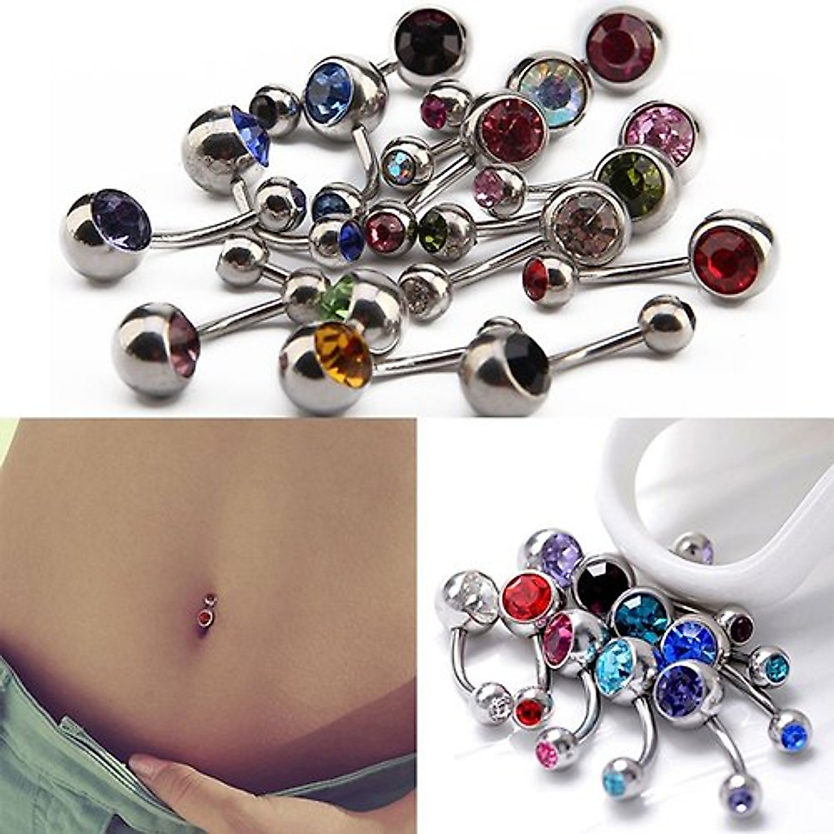 SoundsBeauty 15 Pieces Women Belly Bars Navel Buttons Rings Colored Rhinestone Inlay Body Piercing Barbells Random Color