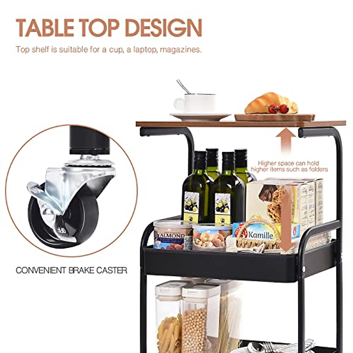 TOOLF Utility Cart with Wooden Table Top, 3-Tier Metal Storage Cart, Black Trolley Kitchen Organizer Rolling Desk with Locking Wheels for Office, Classroom, Home