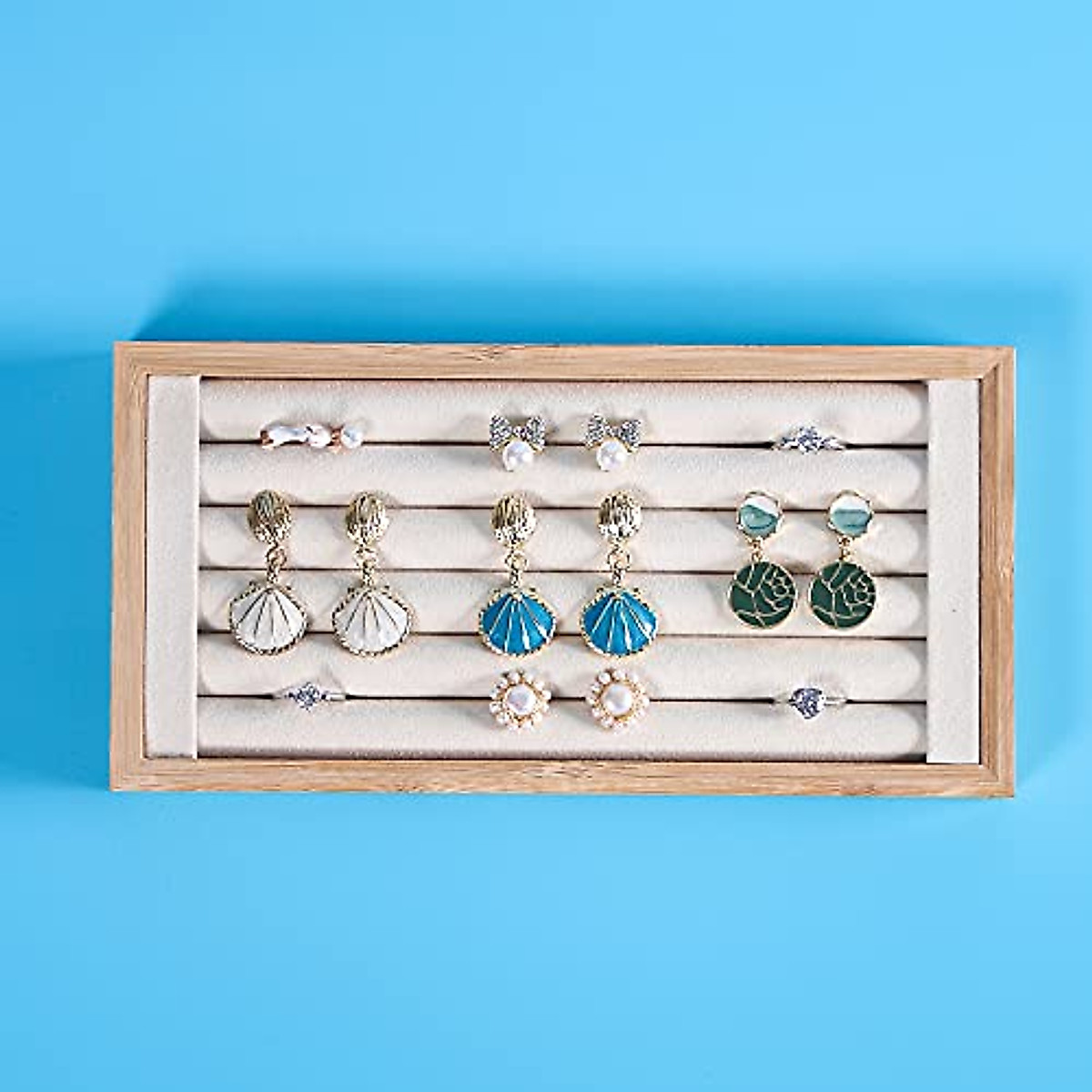 Coward Bamboo Ring Display Holder Jewelry Storage Tray Organizer Ring Stand For Show(beige)