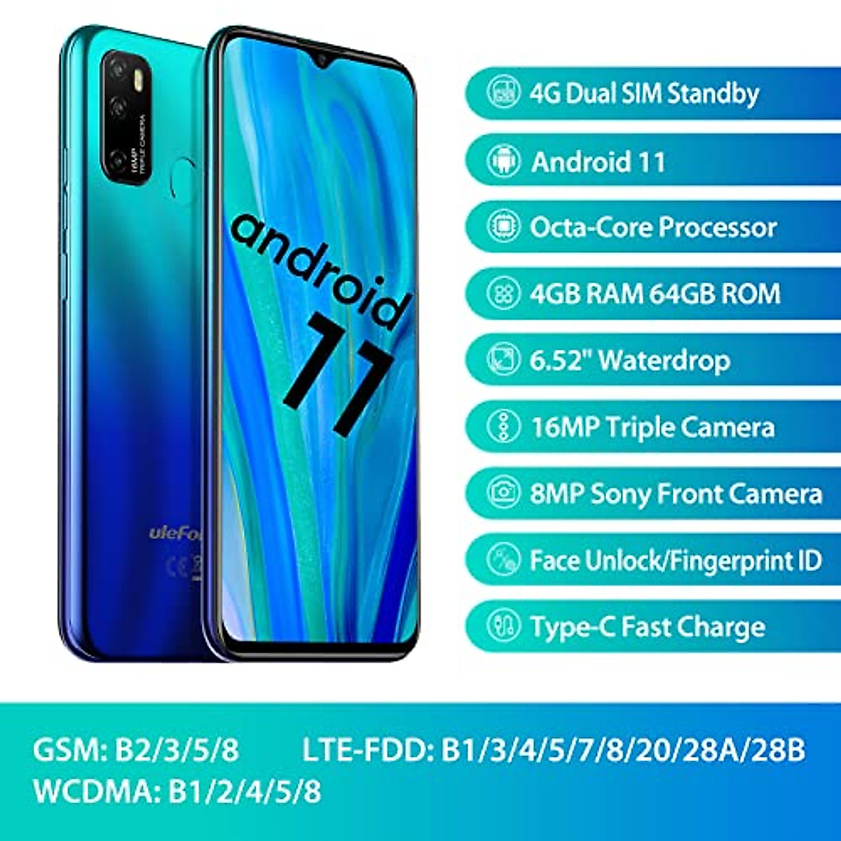 Ulefone Unlocked Smartphones Note 9P, 16MP + 5MP + 2MP, Dual Sim Phones Unlocked, Android 11 4GB+64GB ROM, 6.52" FHD, Fingerprint Face Detection, 4500mAh high Capacity Battery, T-Mobile - Blue