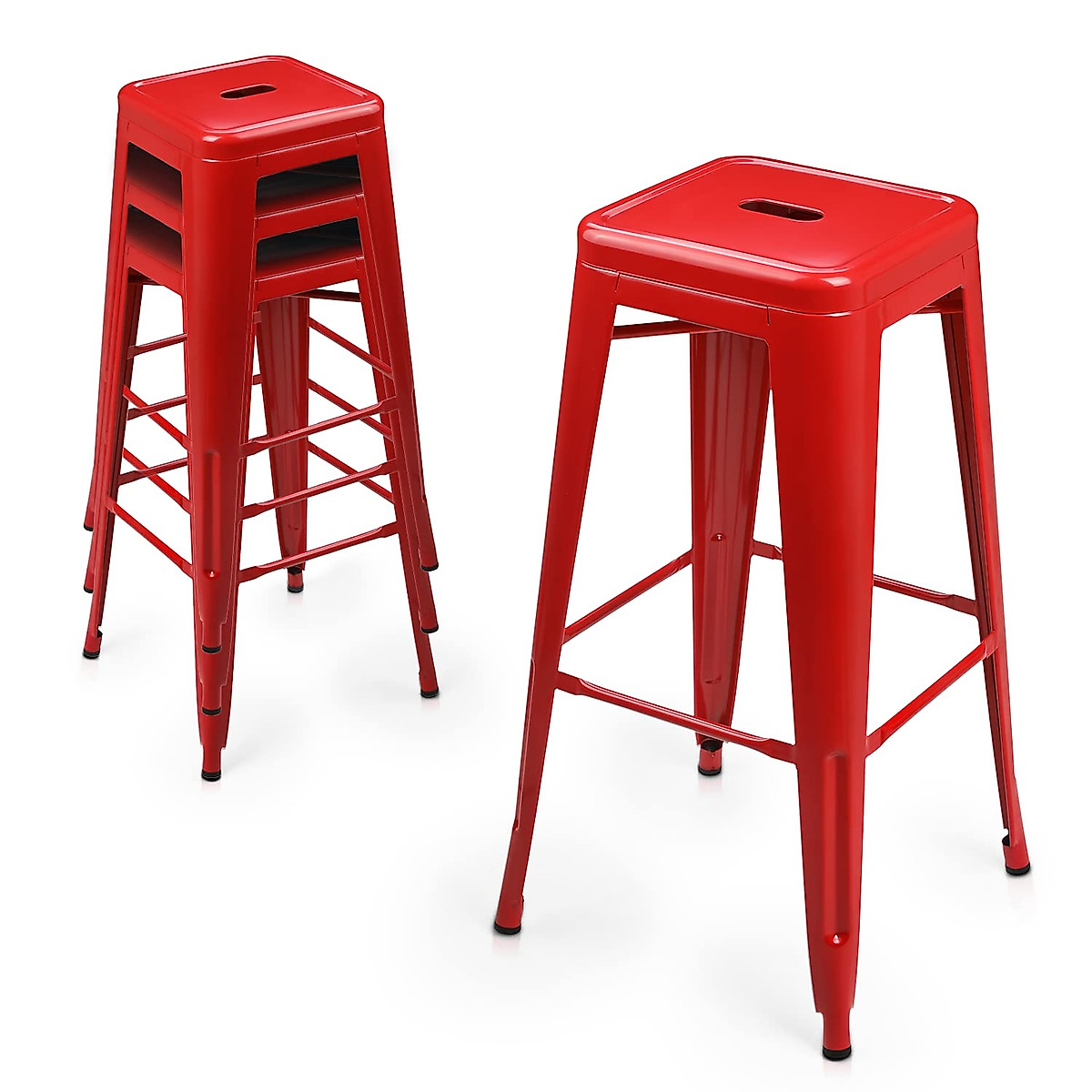 MoNiBloom 30 Inch Bar Stools, Set of 4 Vintage Patio Furniture Indoor Outdoor Stackable Kitchen Stools Dining Chair, Red