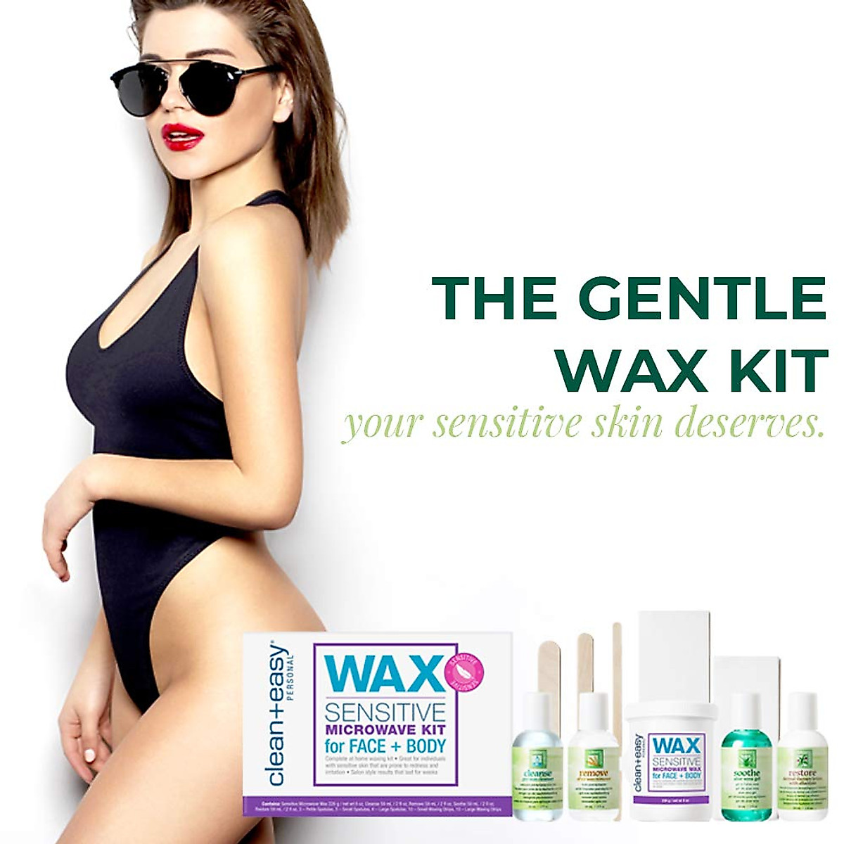 Clean + Easy Sensitive Microwave Kit for Face & Body, All-in-One Waxing Essentials for Full Body Hair Removal Treatment, Soft Wax, Easy to Prepare, Convenient to Use, Safe for Delicate Skin, 10-Pc