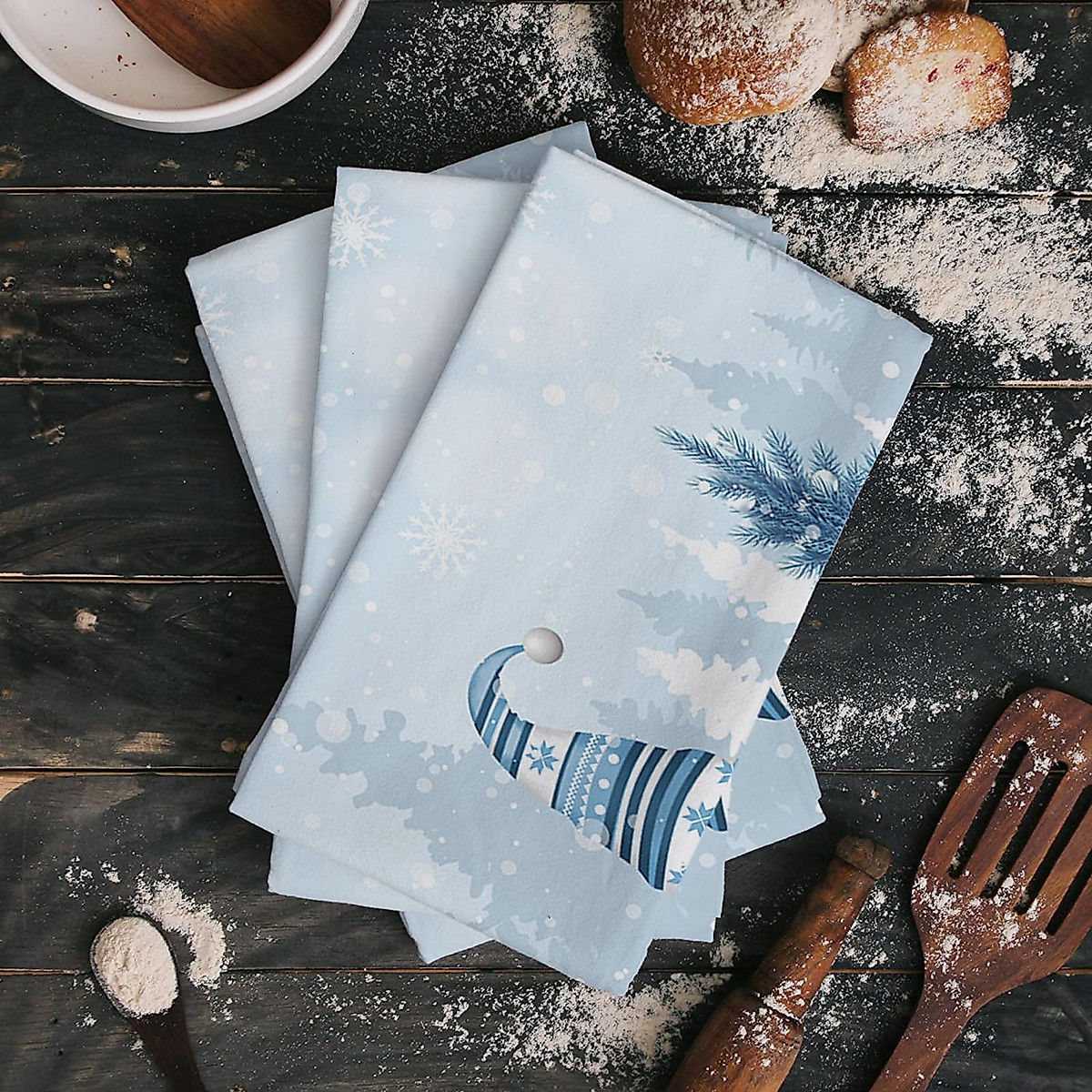 ZOE GARDEN Christmas Kitchen Towels,Absorbent Microfiber Kitchen Dish Hand Tea Bath Towel,Quick Dry Cleaning Cloth Dishclothes Decorative Sets, Winter Gnomes Xmas Silver Tree Pine Blue (1-PC, 18x28)