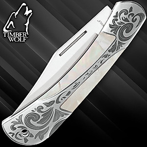 Timber Wolf Gentleman’s Genuine Pearl Pocket Knife | 3 1/4” Stainless Steel Clip Point Blade | Genuine Pearl Inlays | Nickel Silver Bolsters | Lockback Mechanism | 7 1/2&quot; Overall Length
