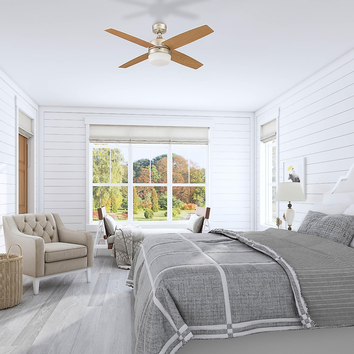 Prominence Home Atlas, 44 Inch Modern Indoor LED Ceiling Fan with Light and Remote Control, Dual Mounting Options, Dual Finish Blades, Reversible Motor - 51470-01 (Champagne)