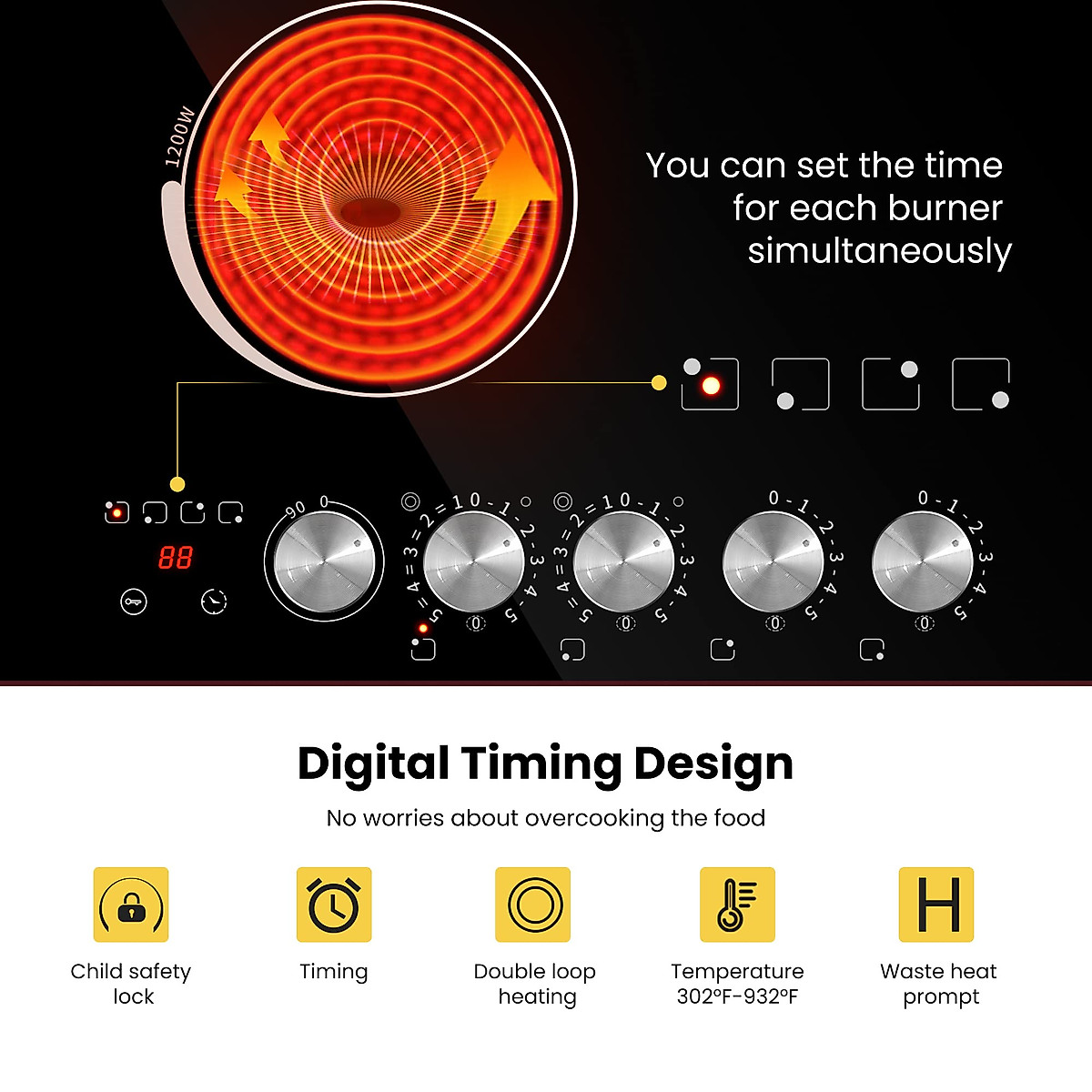 VIVOHOME 29 Inch 4 Burner 7400W Electric Radiant Cooktop with 5 Heating Level and 90-min Timer, Black