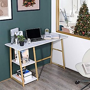 RAAMZO Gold and Faux Marble Finish Computer Writing Study Trestle Desk Modern Vintage Home Office
