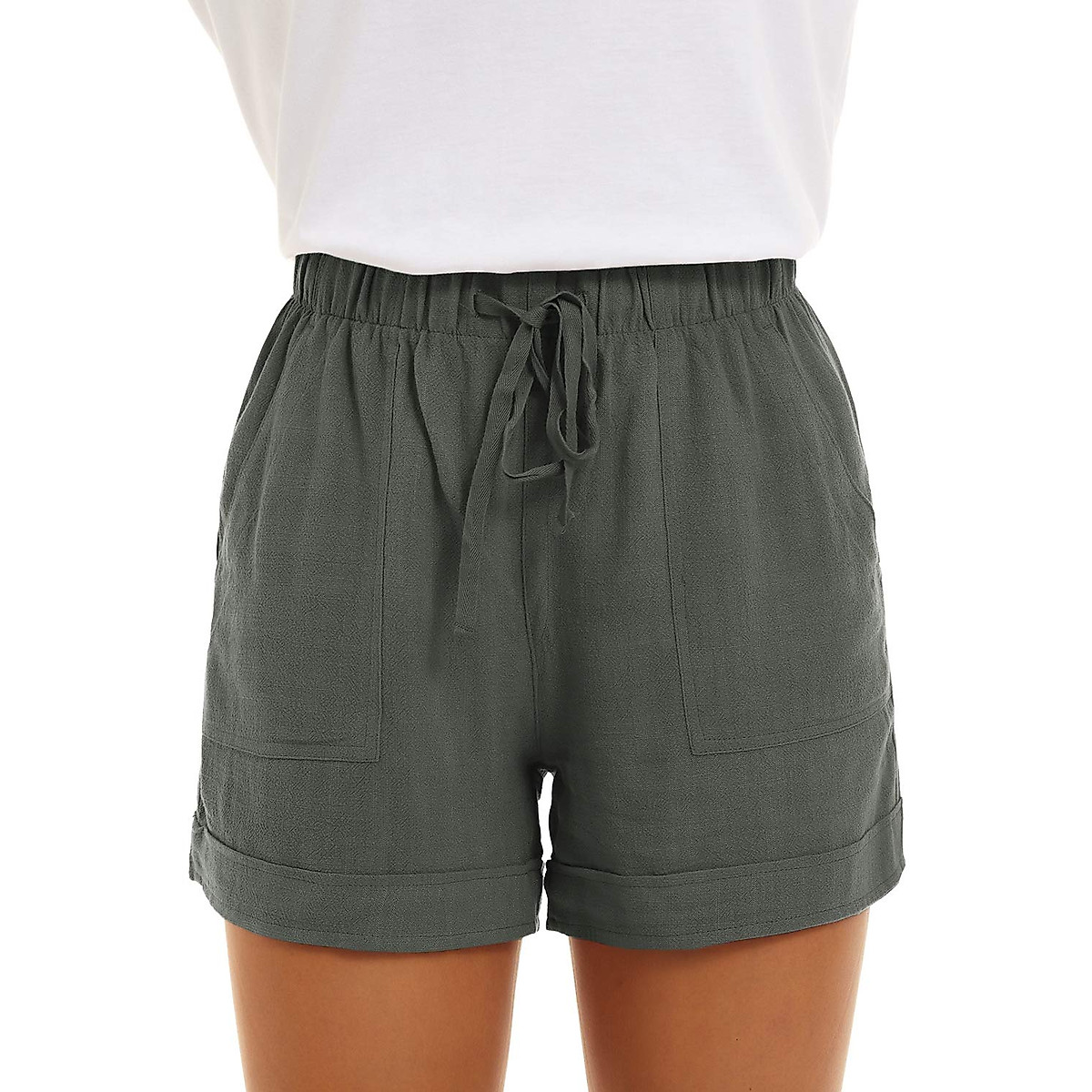 KINGFEN Shorts for Women Casual Summer Women Linen Pocketed Shorts Womens Shorts for Summer Woman Pull On Shorts Drawstring Elastic Waist Solid Loose Shorts Pants Outerwear Sage Green Small