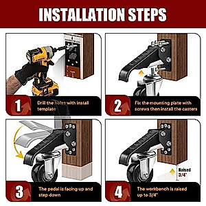SPACECARE Workbench Casters kit 700Lbs, 4 Heavy Duty Retractable Casters Side Mounted Adjustable Durable Steel Construction Stepdown Casters (Set of 4)