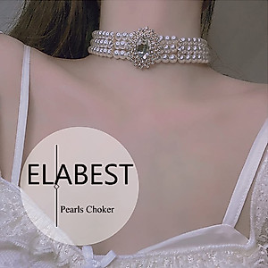 ELABEST Pearl Multi-Row Necklace Sparkly Rhinestone Choker Bling Crystal Layered Chain Dating Birthday Costume Jewelry for Women