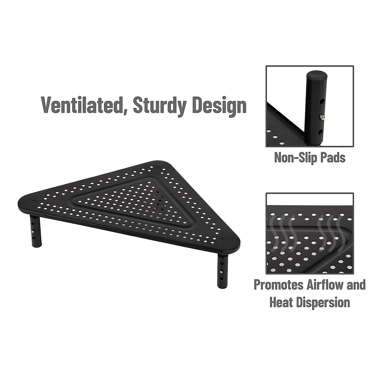 Mind Reader Triangle Monitor Stand, 40lb(18kg) Capacity, Adjustable Height, Ventilated, Metal, 19.5"L x 14.5"W x 5.5"H, Black