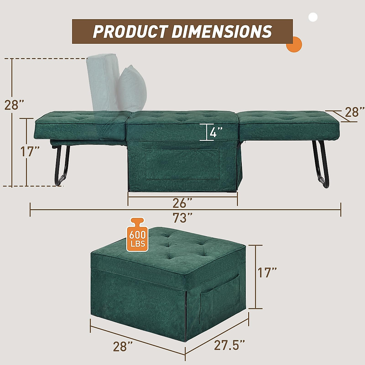 4-in-1 Multifunctional Folding Ottoman Bed, Convertible Sofa Bed with Adjustable Backrest for Home Office, Bedroom, Small Space Living Room, Modern Pull Out Sleeper Ottoman Sofa Bed,Green,28"W