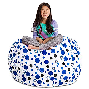 Posh Stuffable Kids Stuffed Animal Storage Bean Bag Chair Cover - Childrens Toy Organizer, X-Large 48" - Canvas Bubbles Blue and White