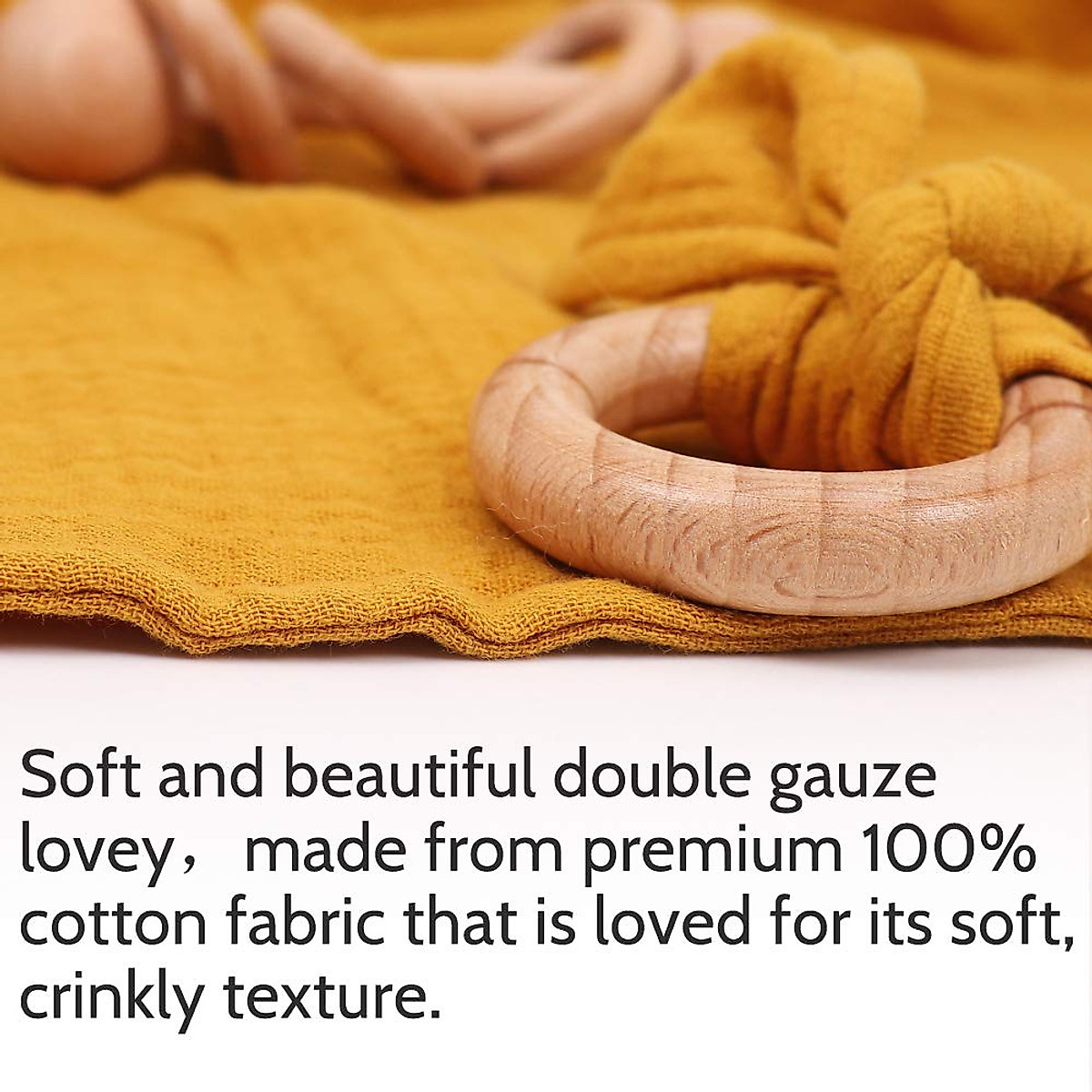 Baby Lovey, Wood Rattle, Teether Ring, 3 Pack Montessori Gift, Ginger, 100% Cotton, Double Gauze, Baby Girl Shower Gift