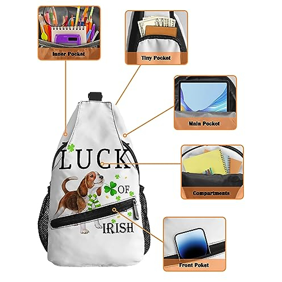 Gsypo Sling Backpack, St. Patrick's Day Shamrock Puppy White Background Waterproof Lightweight Small Sling Bag, Travel Chest Bag Crossbody Shoulder Bag Hiking Daypack for Women Men