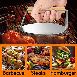 coneyaro Smash Burger Press 5.5" Stainless Steel Patty Maker - Non-Stick Smasher for Griddle Cooking - Wood Handle Grill Tool