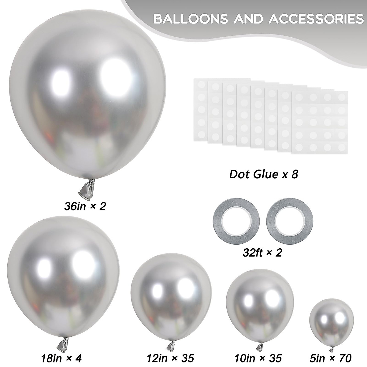 RUBFAC Silver Balloons, 146pcs Different Sizes Pack of 36 18 12 10 5 Inch for Balloon Garland or Balloon Arch as Graduation Wedding Birthday Baby Shower Anniversary Party Decorations