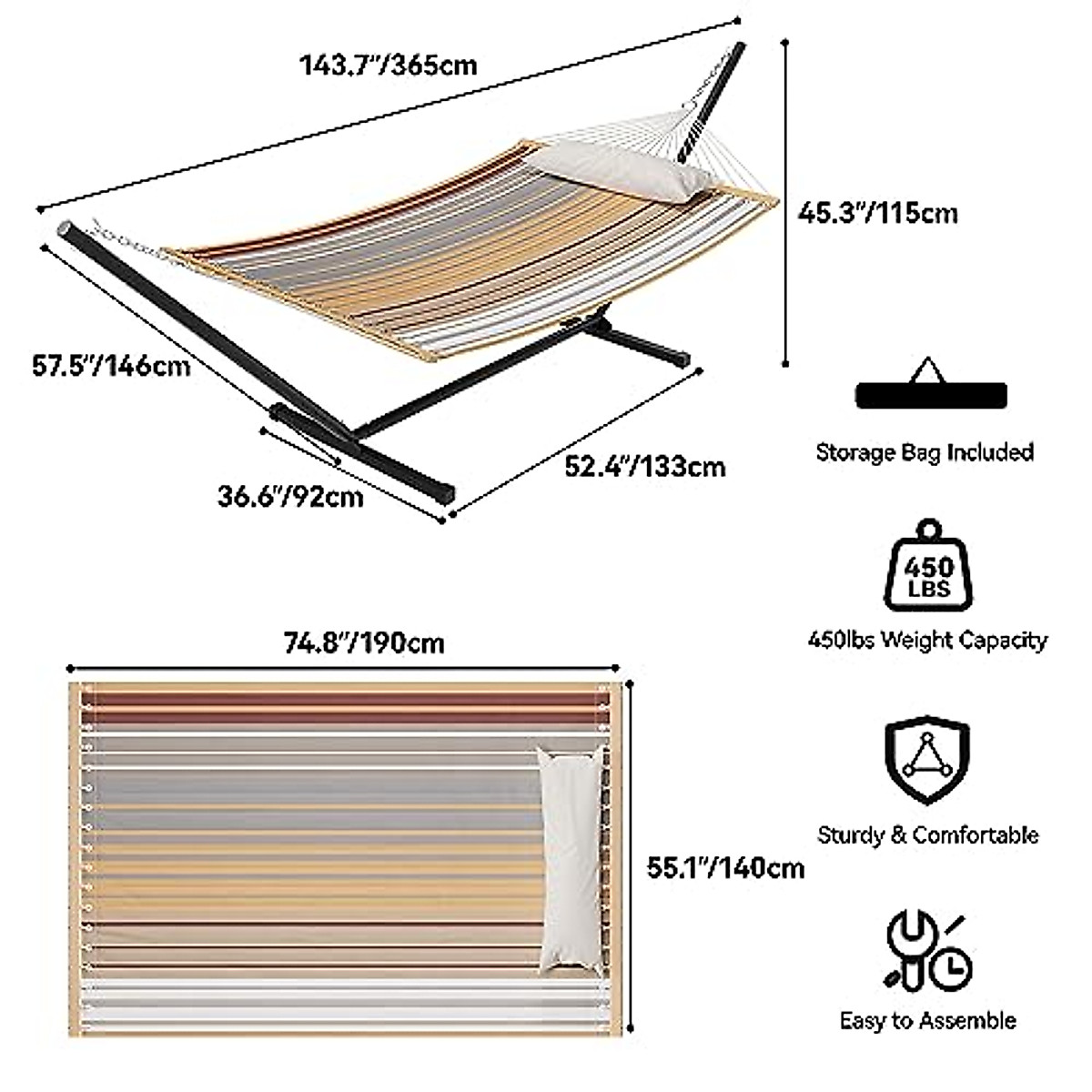 YITAHOME 12FT Hammock with Stand Included Hammock Heavy Duty Hammocks Waterproof Poratble Freestanding Hammock with Pillow Storage Bags 450lbs for Outdoors,Backyard,Yellow Stripes