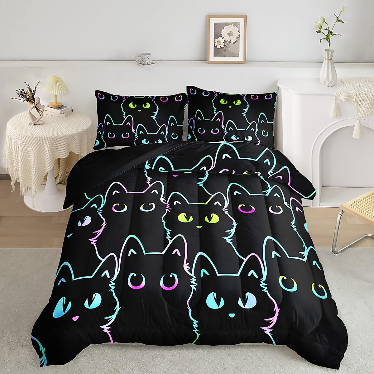 Axolotl Kids Bedding Cartoon Twin Size,Gradient Line Cute Cat Bedding Set for Teens Kids Boys Girls Adults Room Decor, All Season,1 Comforter 2 Pillow Cases,Black