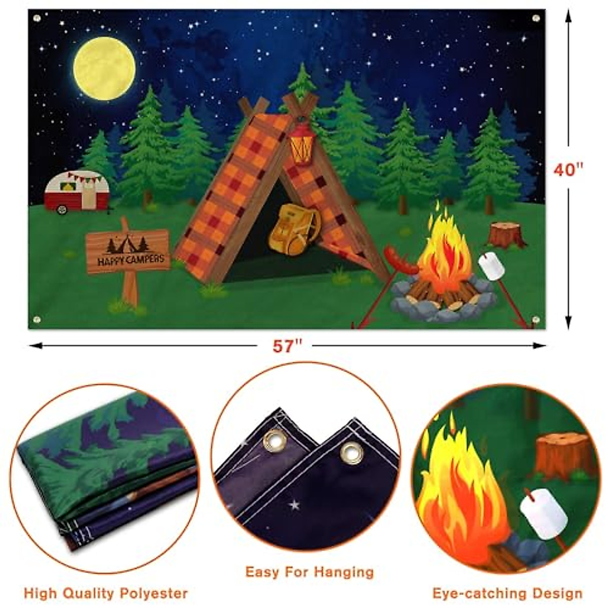 Vansolinne Camping Party Decorations Camping Adventure Happy Camper Night Forest Campfire Tent Scene Backdrop Banner & Balloons Garland Kit, Theme Birthday Classroom Decor Background Photo Props