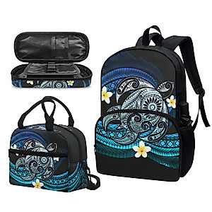 Rivatimrio Plumeria Turquoise Turtle School Backpack Elementary School Bohemia Tribal Ethnic Rucksack With Blue Aztec Tortoise Lunch Bag Pencil Case Set Boys Girls