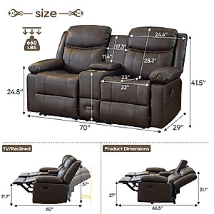 PALLOME Loveseat Recliner Sofa, PU Leather Sofa Couch, Manual Recliner Loveseat with Console, Double Reclining RV Sofa with Cup Holders and Side Pocket for Living Room/Office/Apartment (Brown)