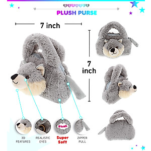 DolliBu Gray Wolf Plush Handbag - Super Soft Plush Stuffed Animal Purse for Children's Accessories, Kids Hand Bag Toy Purse, Pretend Play, Fluffy Dress Up Toy Purses for Girls & Boys
