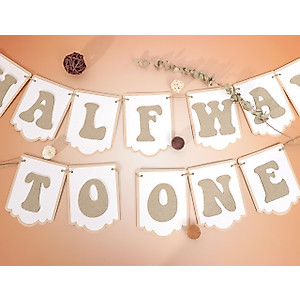 Half Way To One Banner for Baby - Baby 1/2 Birthday Party Decorations,Half Birthday Banner For Boys Girls,Neutral Rustic Baby Shower Party Decor,Six Months Baby Happy Birthday Banner Photo Props (HALF