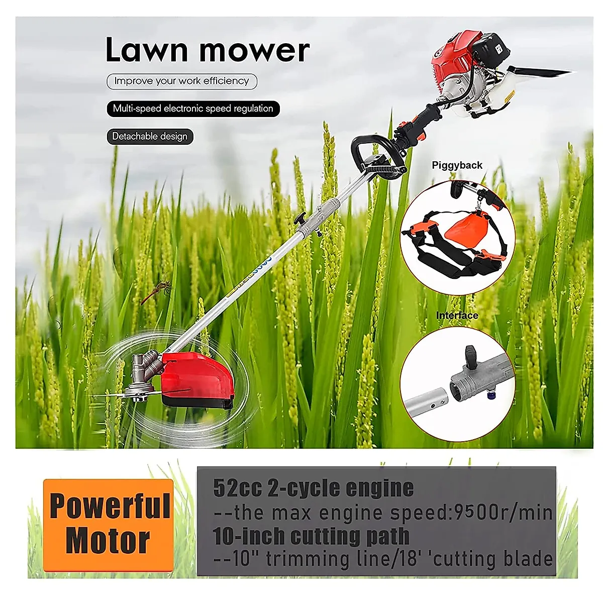 Meideli Grass Trimmer 52cc - 5 in 1 Gas Powered Brush Cutter Gas String Trimmer Hedge Trimmer Pole Saw Trimmer for Quick Weed Grass Cleaning Crop Seed Soil Protection Tools