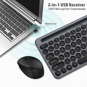 LeadsaiL Wireless Keyboard and Mouse Combo, Full-Sized Ergonomic Computer Keyboard with Phone Tablet Holder, 2.4GHz Silent Cordless Keyboard Mouse Set for Windows Laptop, PC, Desktop - Grey