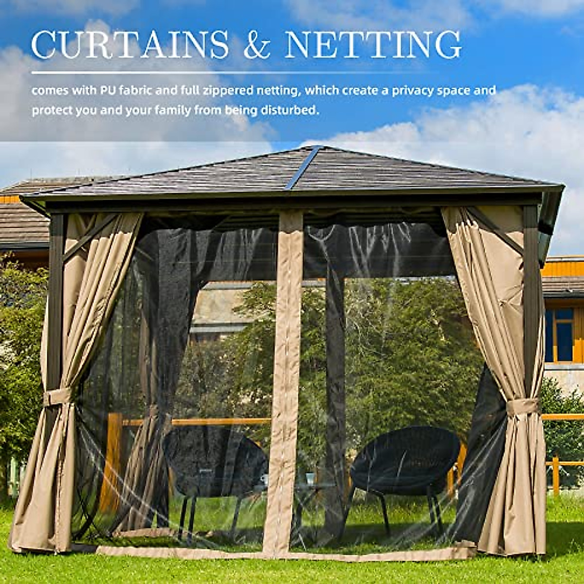 Domi 10'x10' Outdoor Hardtop Gazebo Permanent Canopy with Galvanized Steel Single Roof, Aluminum Frame,Curtains and Netting for Patios,Backyard,Lawns