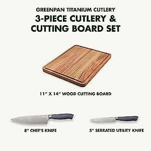 GreenPan Cutlery Knife and Cutting Board 3 Piece Set, Stainless Steel Titanium Coated Blades, Ergonomic Slip-Resistant Handles, 8” Chef’s and 5” Serrated Knife, 11” x 14” Acacia Wood Board, Gray