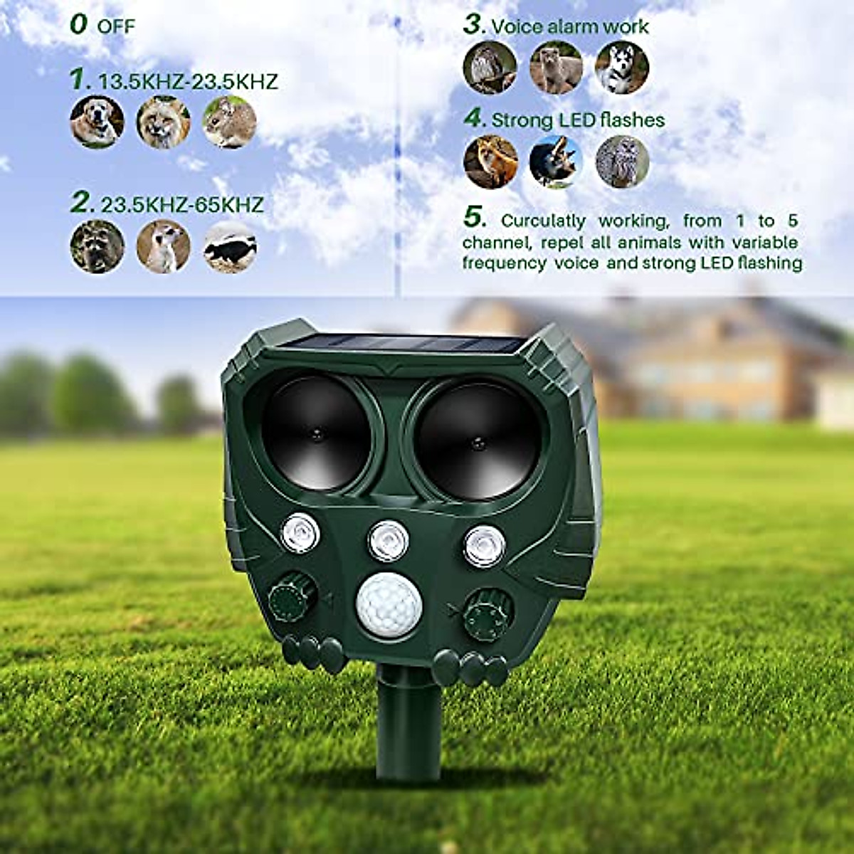 Ultrasonic Animal Repeller, Solar Animal Deterrent with Motion Sensor and Flashing Lights,Outdoor Waterproof Farm Garden Yard Repellent for Cat Rodent Squirrel Dog Rabbit Raccoon Skunk Fox Deer etc