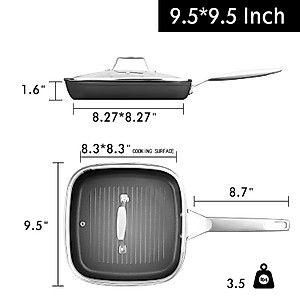 MsMk Square Grill Pan with Lid, 9.5 Inch Titanium and Ceramic Nonstick Grilling Skillet Pan，Stay-Cool Handle，Compatible with All Stovetops，PFOA Free，Dishwasher & Oven Safe，Indoor Chicken Skille