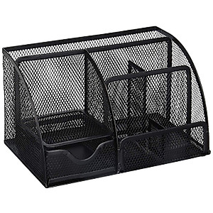 Greenco Mesh Desk Organizer Office Supplies Caddy, 6 Compartments, Small Black Desk Organizer for Pen, Pencil, Small Office Supplies and Stationary Accessories Storage Organization