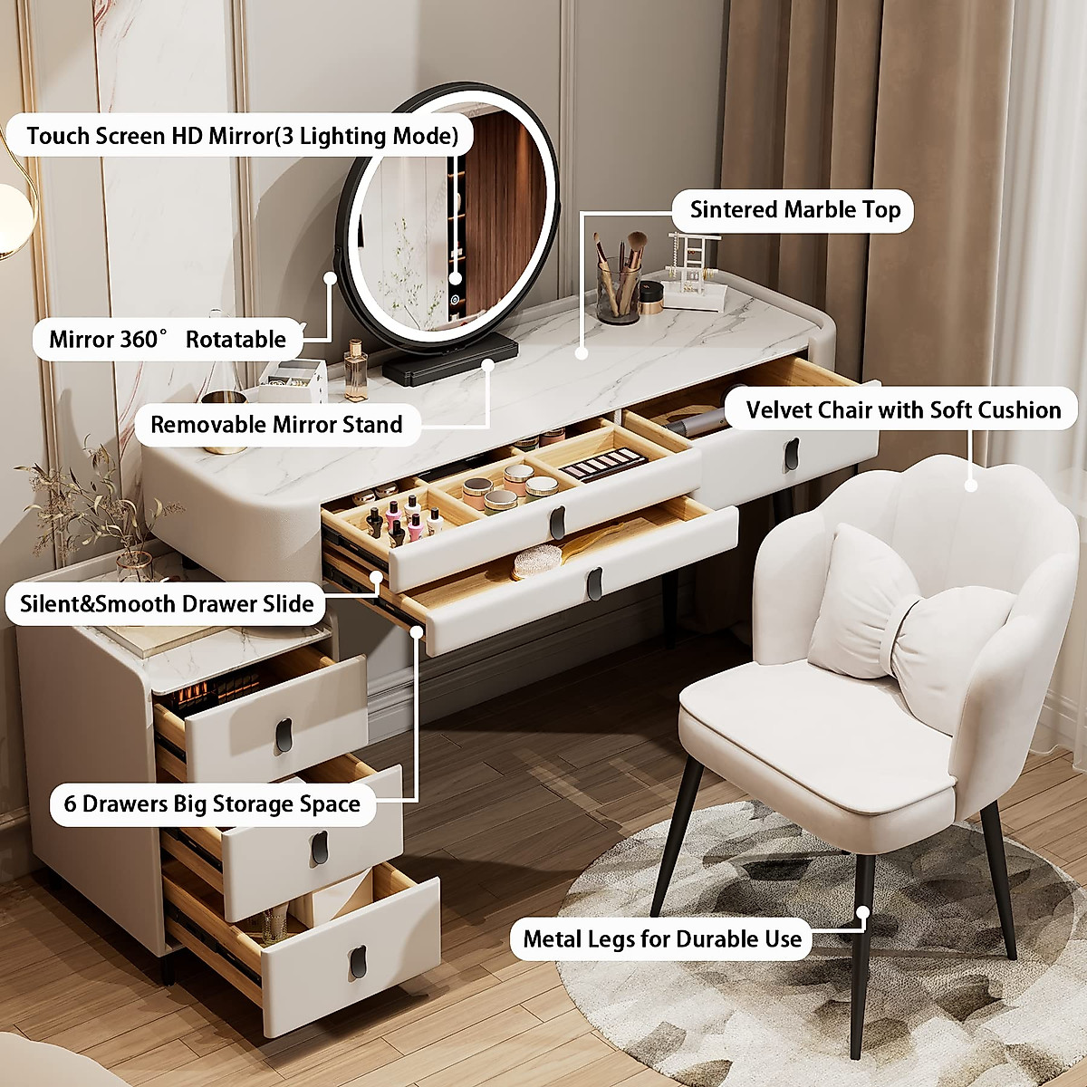 GruiGevi Luxury Vanity Desk, Vanity Table Made of Solid Wood, Features Modern Sintered Marble Top, Touch Screen HD Mirror, Vanity Set 6 Drawers