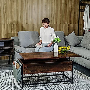 ErgoDesign Lift Top Coffee Table, 39.5" L Coffee Table with Storage Bag, Rising Tabletop Table with Hidden Compartment for Living Room Reception Room (Rustic Brown)