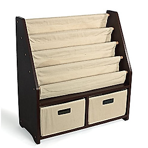 WONKAWOO Kids Sling Bookshelf Wooden Rack, 4 Levels of Canvas Slings for Large Children Books and 2 Storage Bin Boxes for Toys Organizer, Espresso Shelf with Natural Fabric Slings