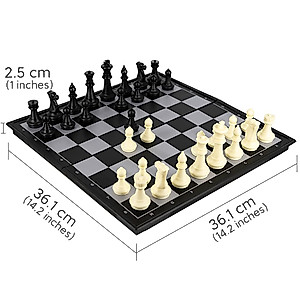 4-in-1 Chess, Checkers, Backgammon Set with Bonus Strategy Card Game - Magnetic Board with Felt Pieces and Folding Case (14.2 Inches)